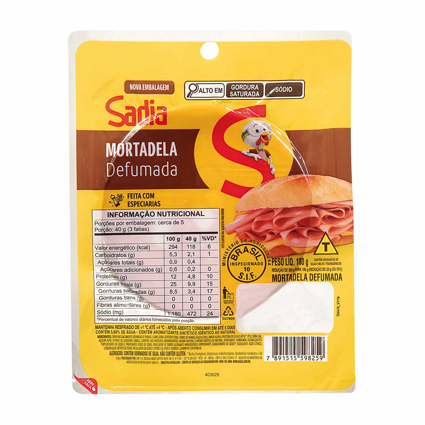 Mortadela Defumada Sadia 180g - Zaffari